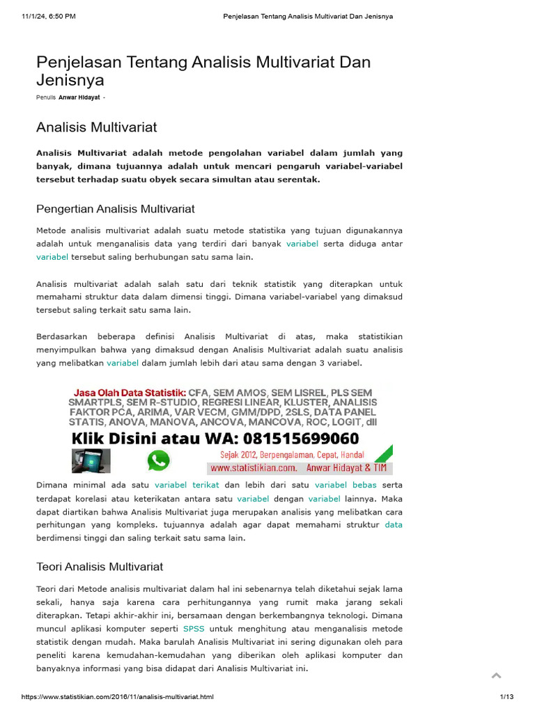 Penjelasan Tentang Analisis Multivariat Dan Jenisnya | PDF