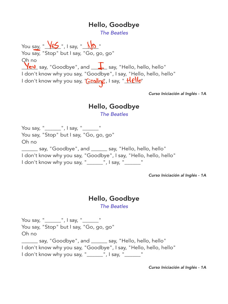 1A - Hello Goodbye - Song | PDF | Language Arts & Discipline | Foreign ...