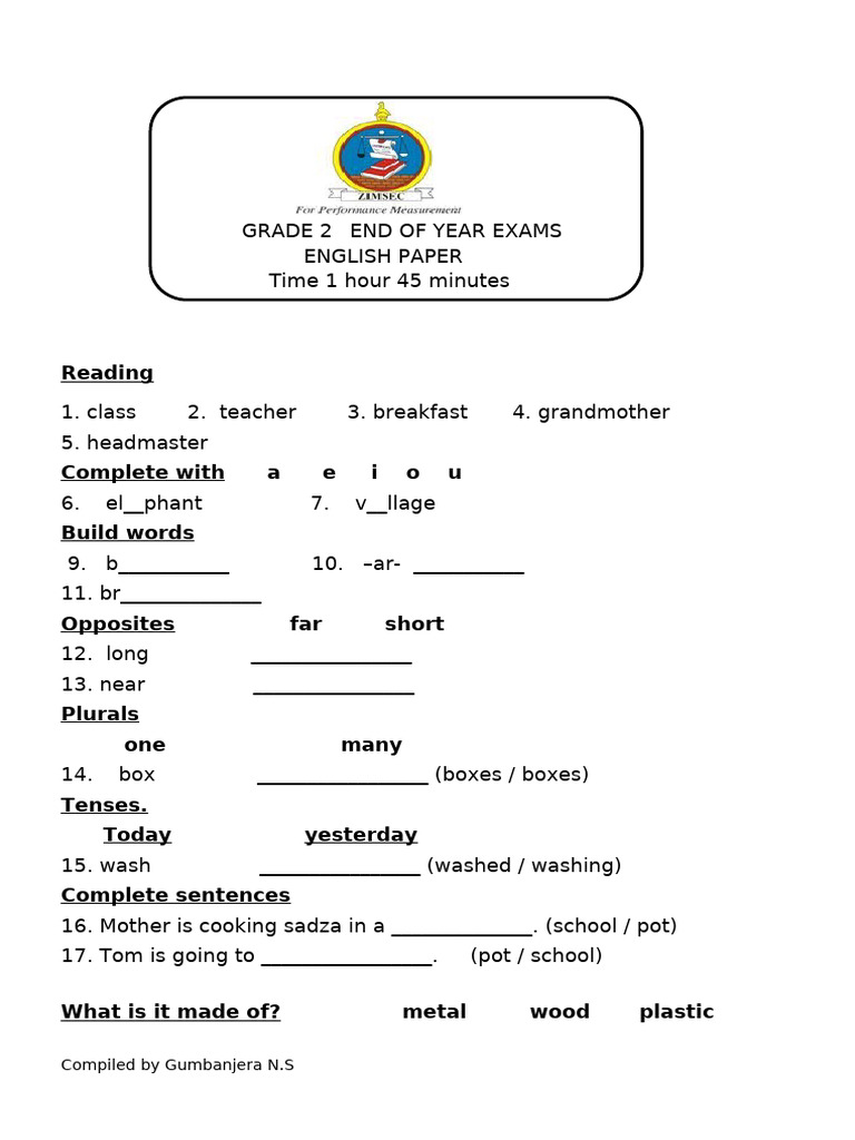 Grade 2 End of Year English Paper 2022 | PDF