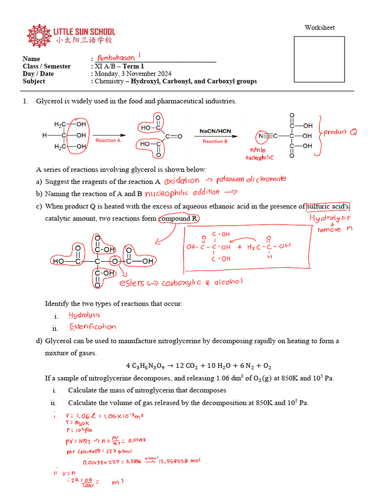 Chemistry Worksheet: Glycerol & Esters | PDF | Teaching Methods & Materials | Science & Mathematics