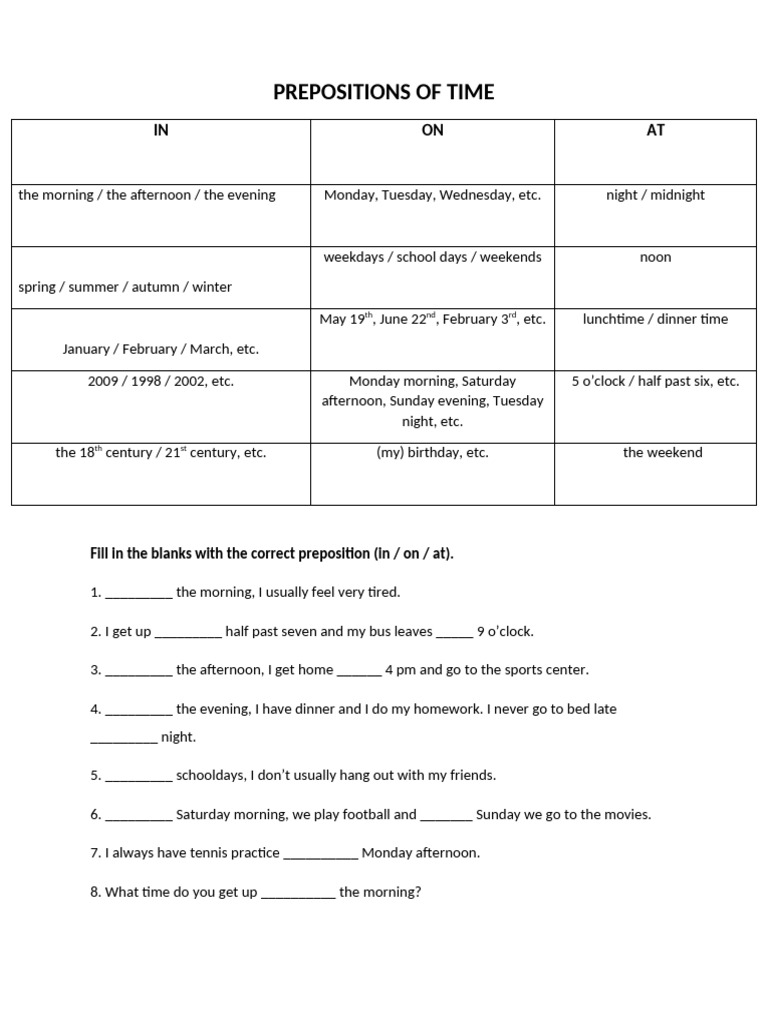 Prepositions of Time Reference Handout | PDF