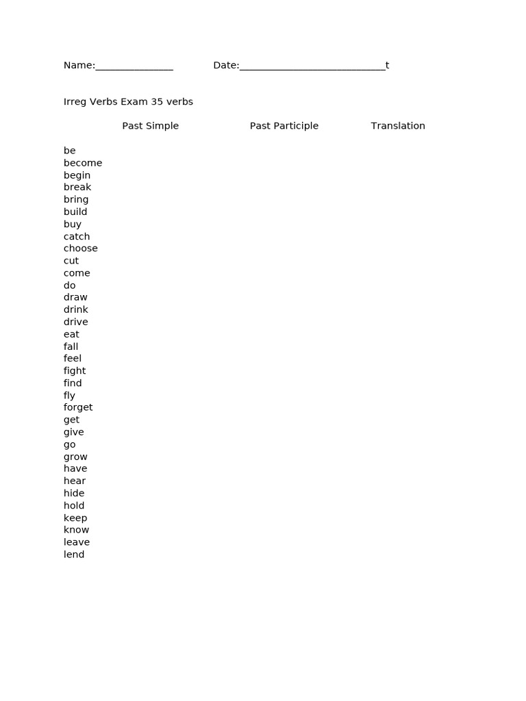 Irreg Verbs Exam | PDF | Self-Improvement