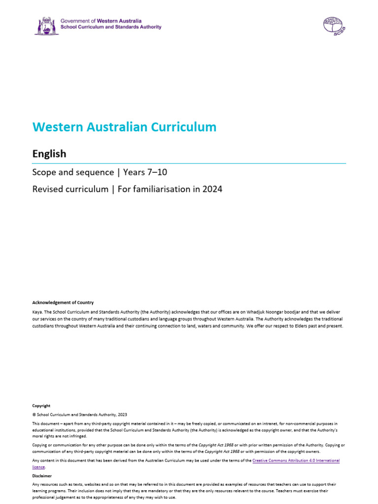 DRAFT SCOPE and SEQUENCE English 7 10 - For Familiarisation in 2024 ...