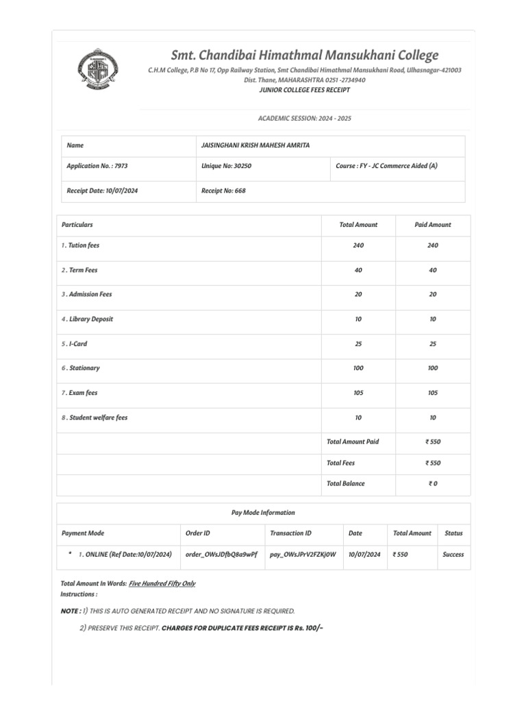 CHM College Fees Receipt 2024-2025 | PDF | Payments | Services (Economics)