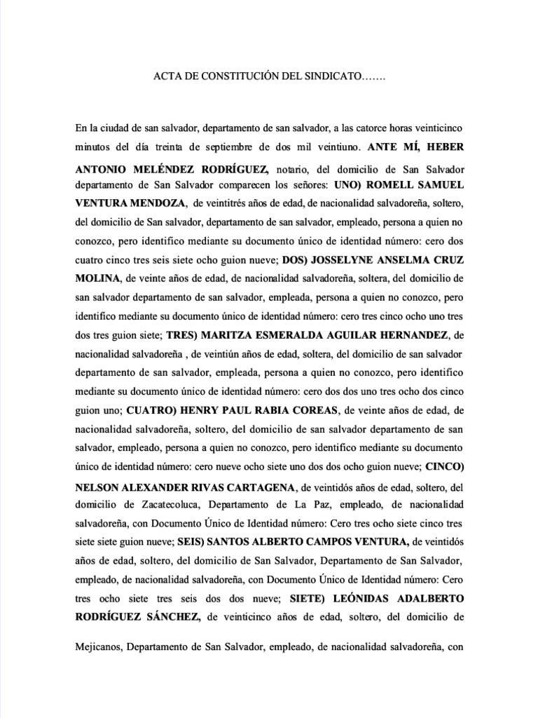 Acta de Constitución de Sindicato | PDF