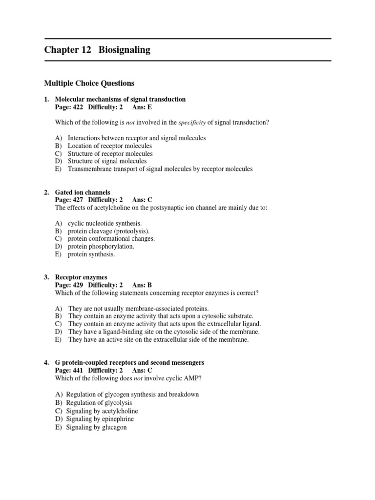 Chapter 12 Biosignaling: Multiple Choice Questions | PDF | Kinase | Signal Transduction