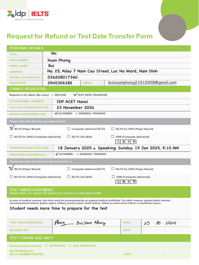 IELTS Request-Refund Test-Date-Transfer Form OSR | PDF | International ...