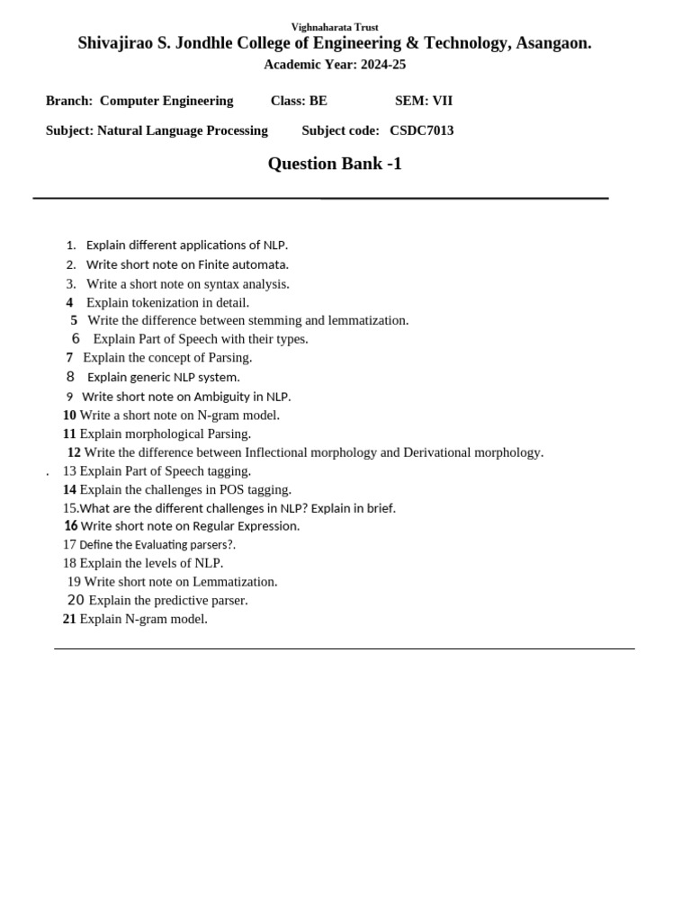 NLP (BE) UT-1 Question Bank | PDF | Career & Growth | Games & Activities