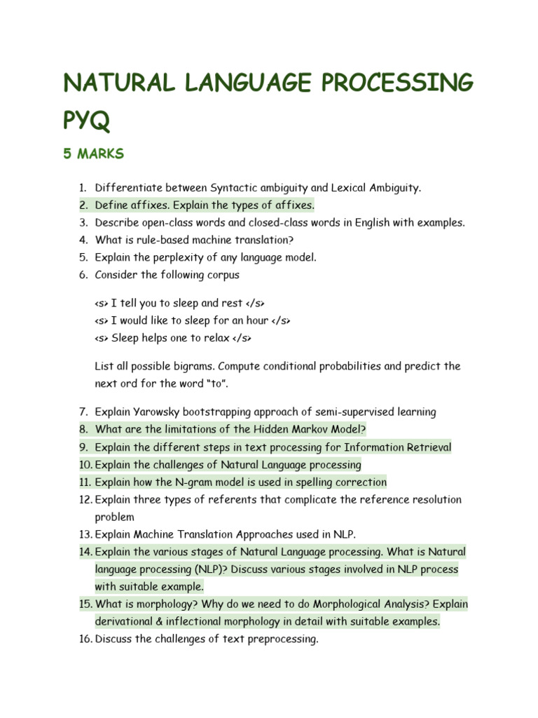 NLP PYQ | PDF | Morphology (Linguistics) | Lexicon