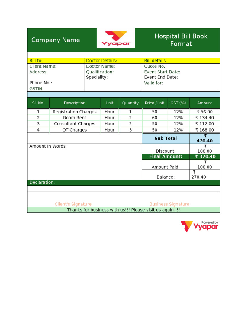 Hospital Bill Book Format 01 | PDF