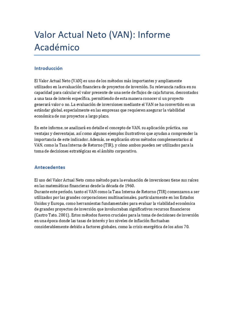 Informe VAN Extendido | PDF | Tasa interna de retorno | Valor presente neto
