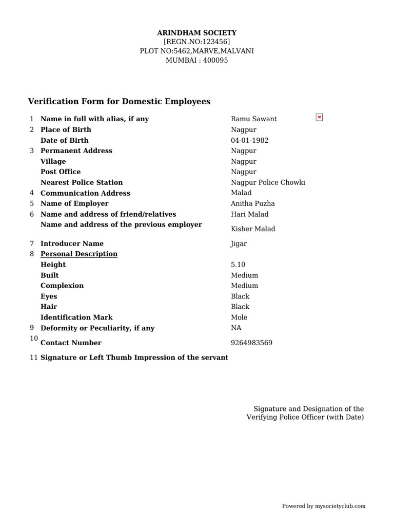 Sample Verification Form For Domestic Servant | PDF