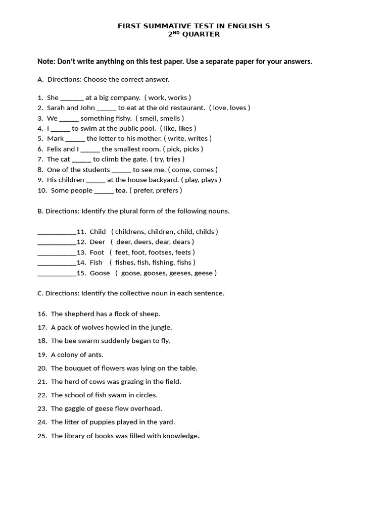 1ST Summative Test - English 5 - 2ND Quarter | PDF