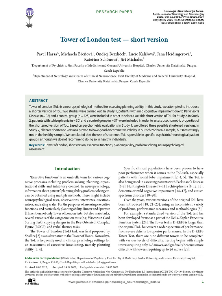 Tower of London Test Short Version | PDF | Receiver Operating ...