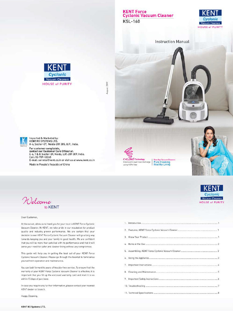 Kent Force Cyclonic Vacuum Cleaner Manual | PDF