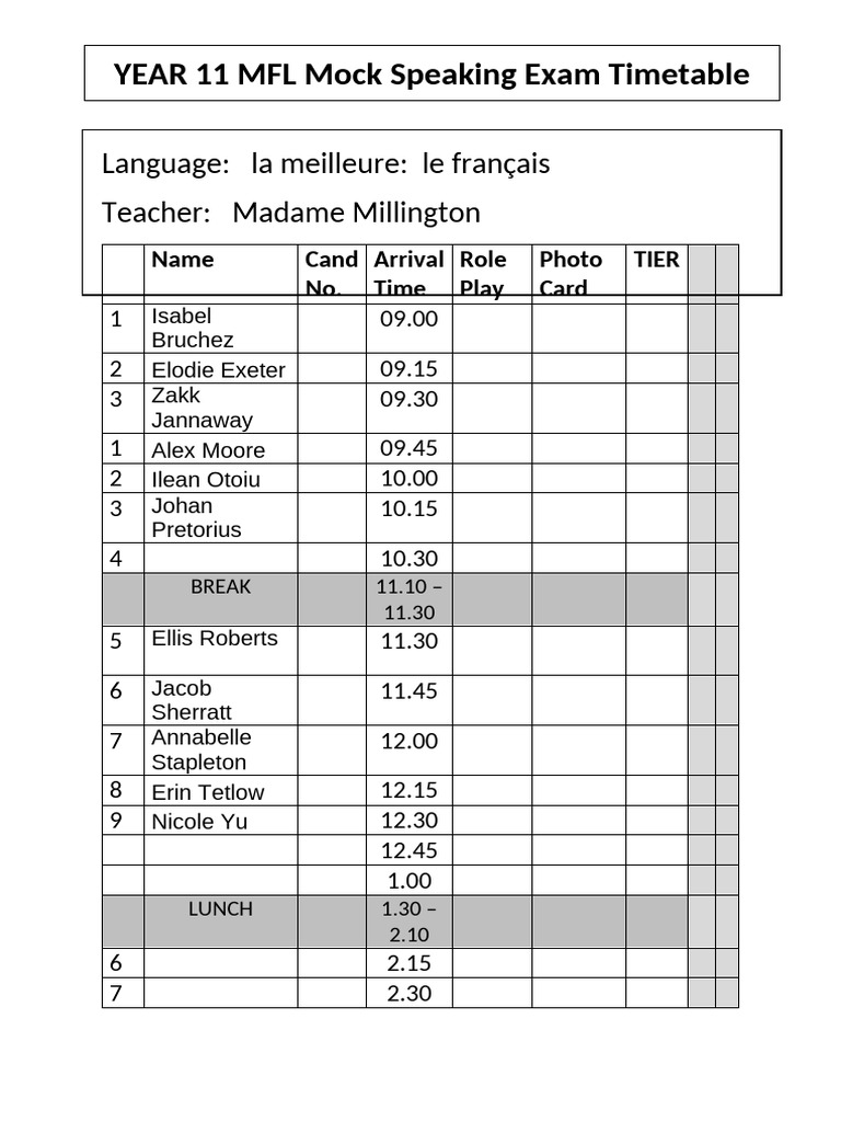Year 11 MFL Mock Exam Schedule | PDF