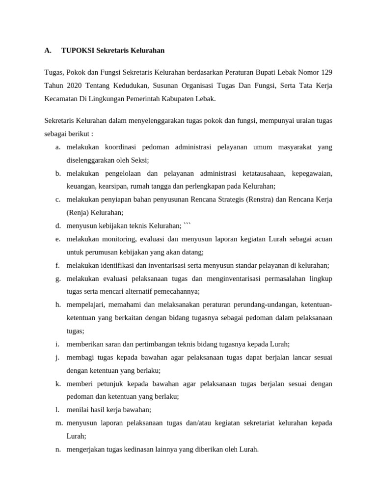 TUPOKSI Sekretaris Kelurahan | PDF | Griya & Taman | Seni