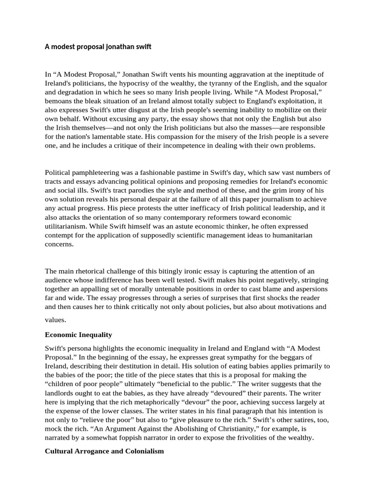 A Modest Proposal Jonathan Swift | PDF | Jonathan Swift | Satire