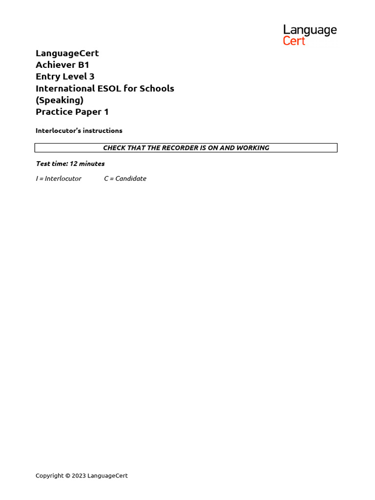 LanguageCert PP1 B1 IESOL Speaking FS | PDF | Language Arts & Discipline