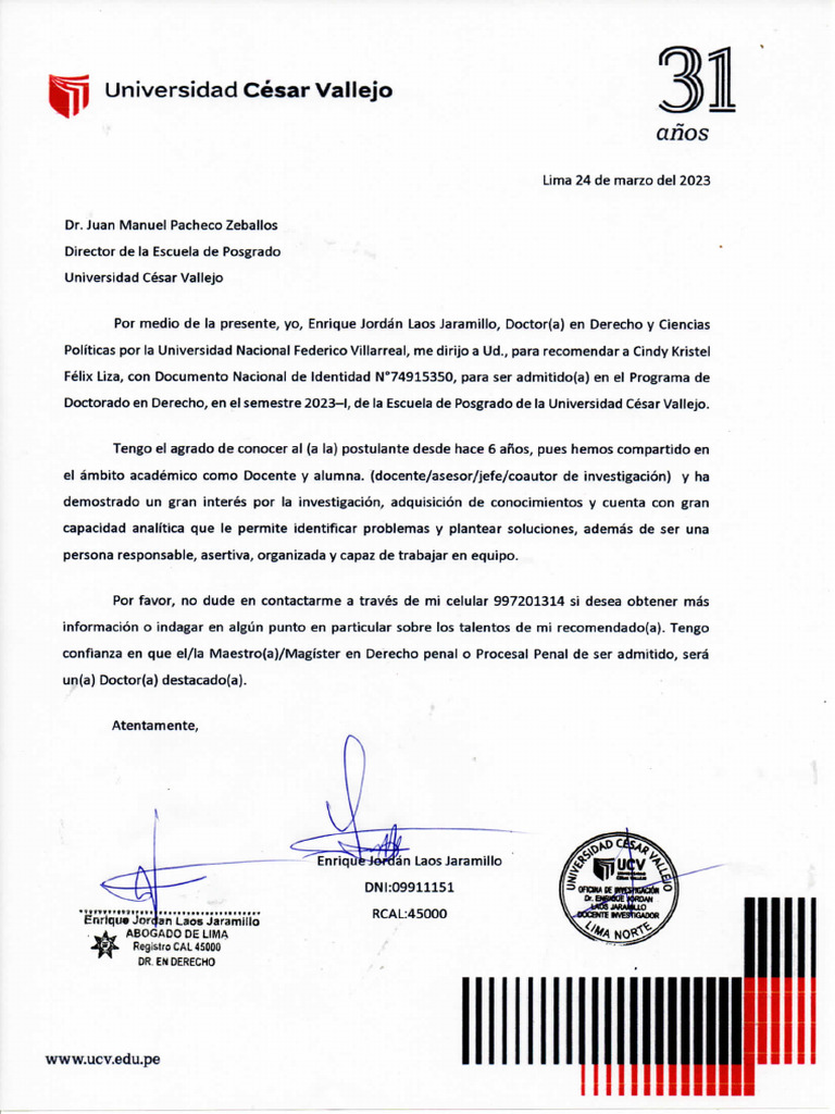 Carta Doctorado Cindy Kristel-Ucv | PDF