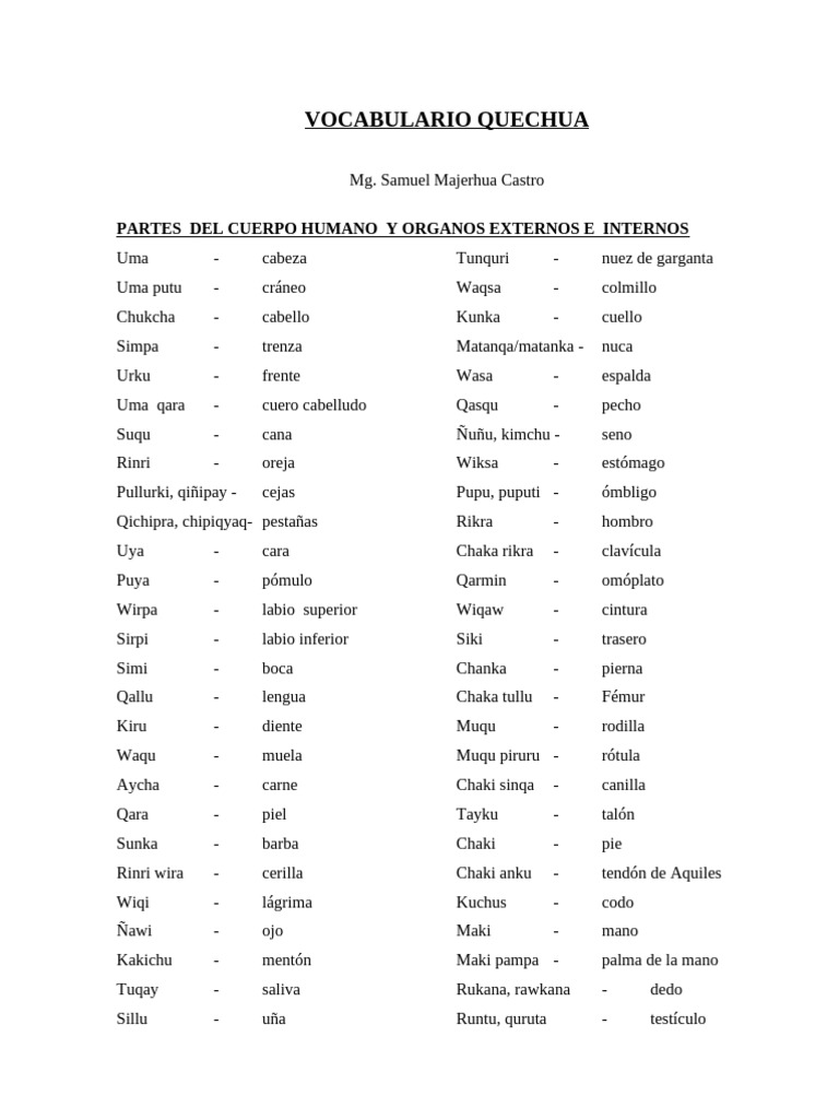 Vocabulario Quechua: Cuerpo y Comida | PDF | marrón | Maíz