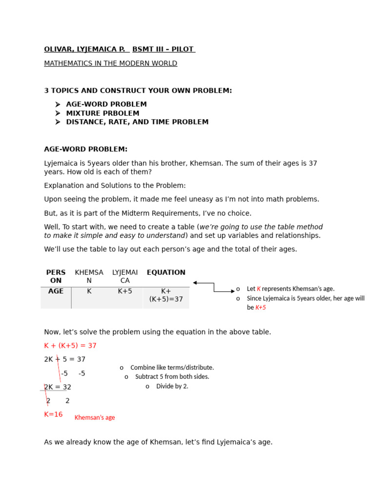 Age-Word Problem, Mixture Problem, Distance, Rate, and Time Problem | PDF | Swimming | Equations