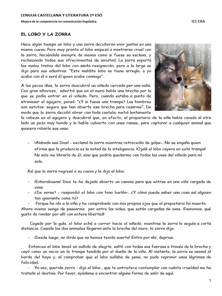 La Fábula El Lobo Y La Zorra Pdf Lingüística