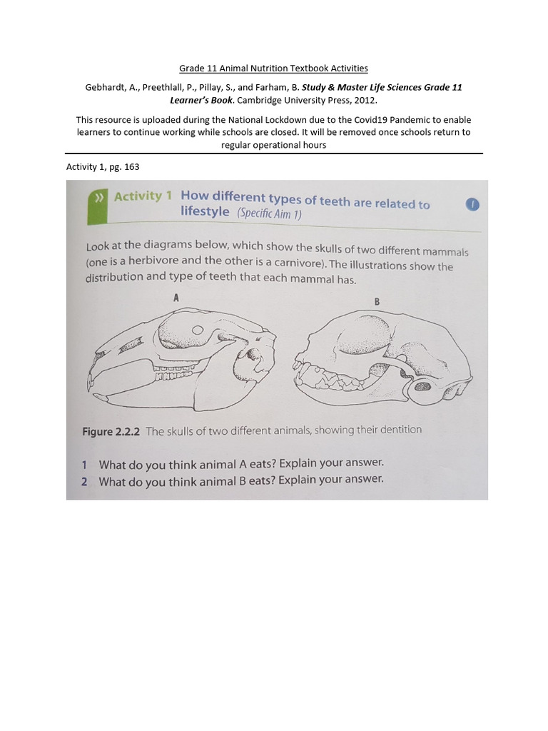 Grade 11 Nutrition Textbook Activities | PDF