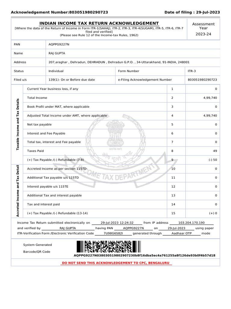 Indian Income Tax Return Acknowledgement: Acknowledgement Number ...