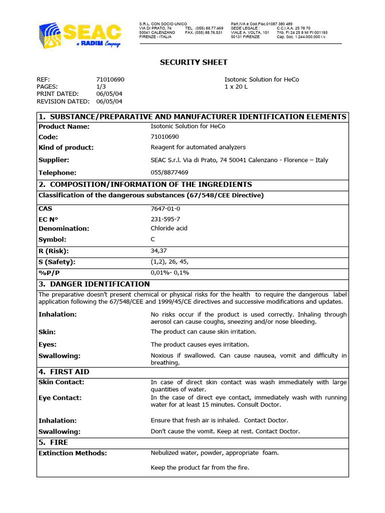 Security Sheet: 67/548/CEE Directive) | PDF | Materials | Chemical ...