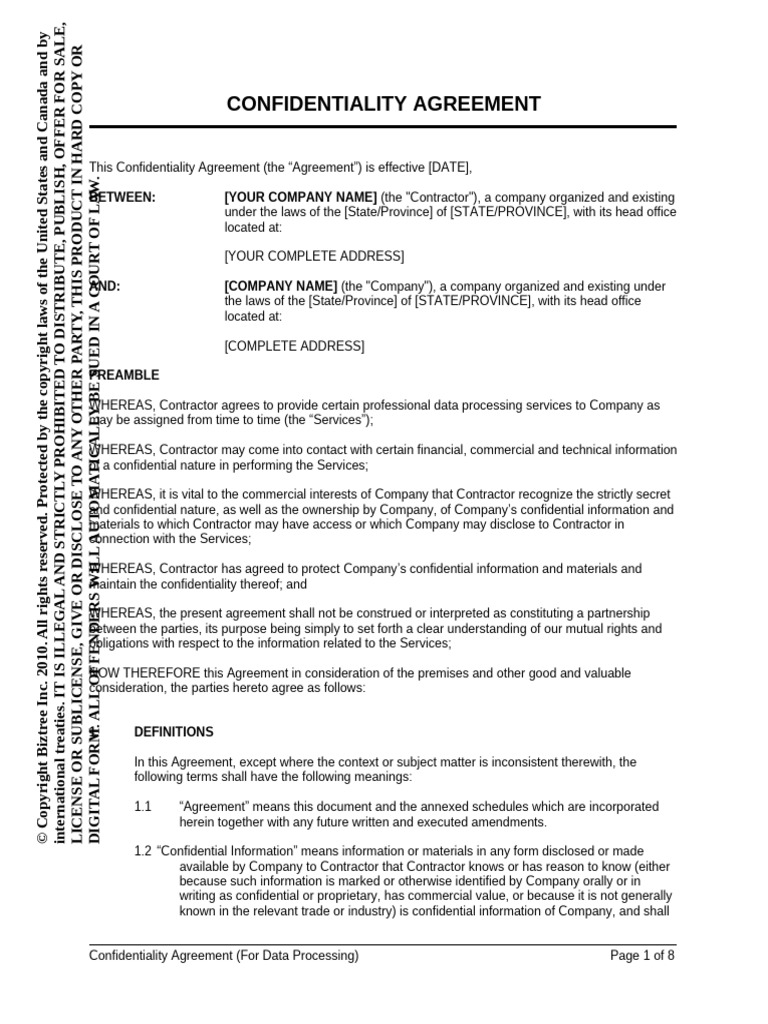Confidentiality Agreement Data Processing Services D948 | PDF ... Confidentiality Agreement Data Processing Services D948 | PDF ...