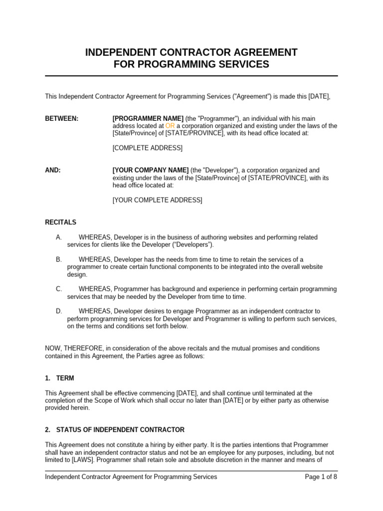 Independent Contractor Agreement - For Programming Services D820 | PDF ...