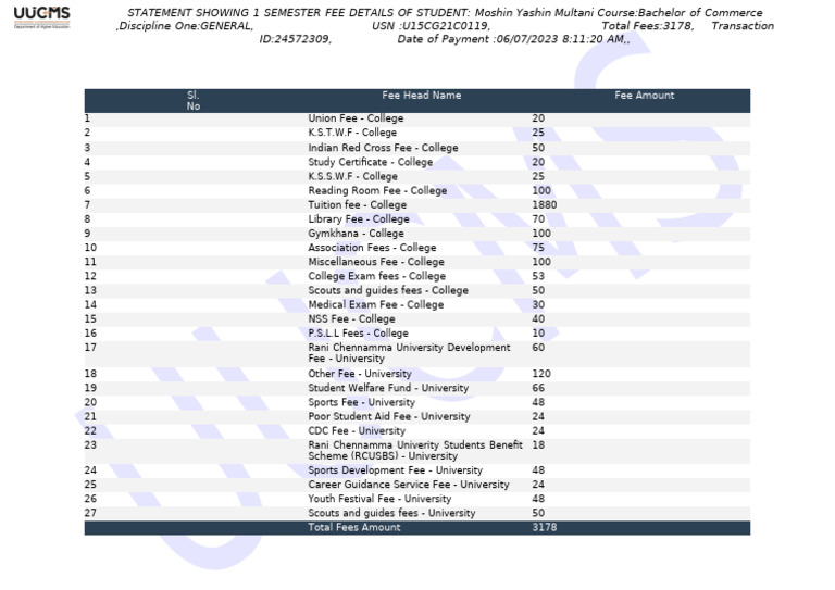 Student Semester Fee Breakdown | PDF | Payments | Services (Economics)