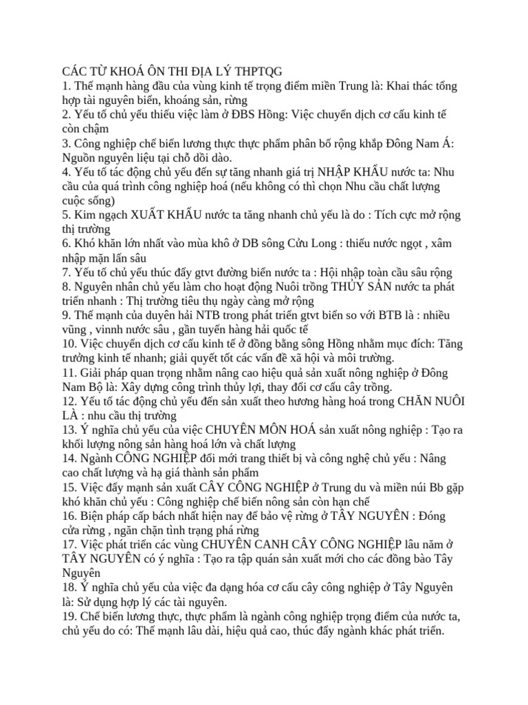 CÁC TỪ KHOÁ ÔN THI ĐỊA LÝ THPTQG | PDF