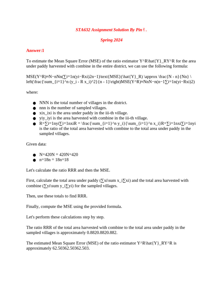 STA632 Assignment Solution by Pin | PDF | Mean Squared Error | Applied Statistics