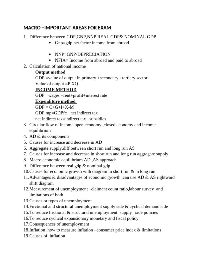 Macro - Important Areas For Exam | PDF | Gross Domestic Product | Inflation
