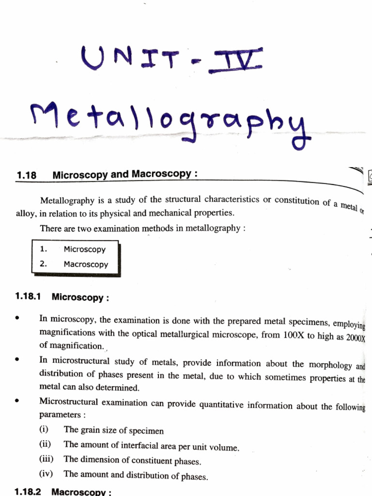 UNIT-4 Metallography (MSM Notes) | PDF | Transmission Electron ...
