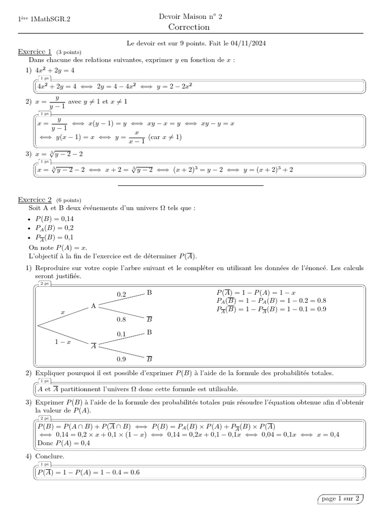 Corrigé DM Maths 1ère Spé | PDF