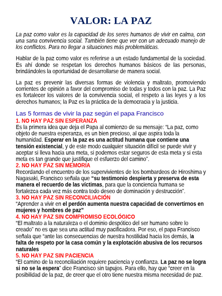 Valor de La Paz | PDF | Paz | Papa Francisco