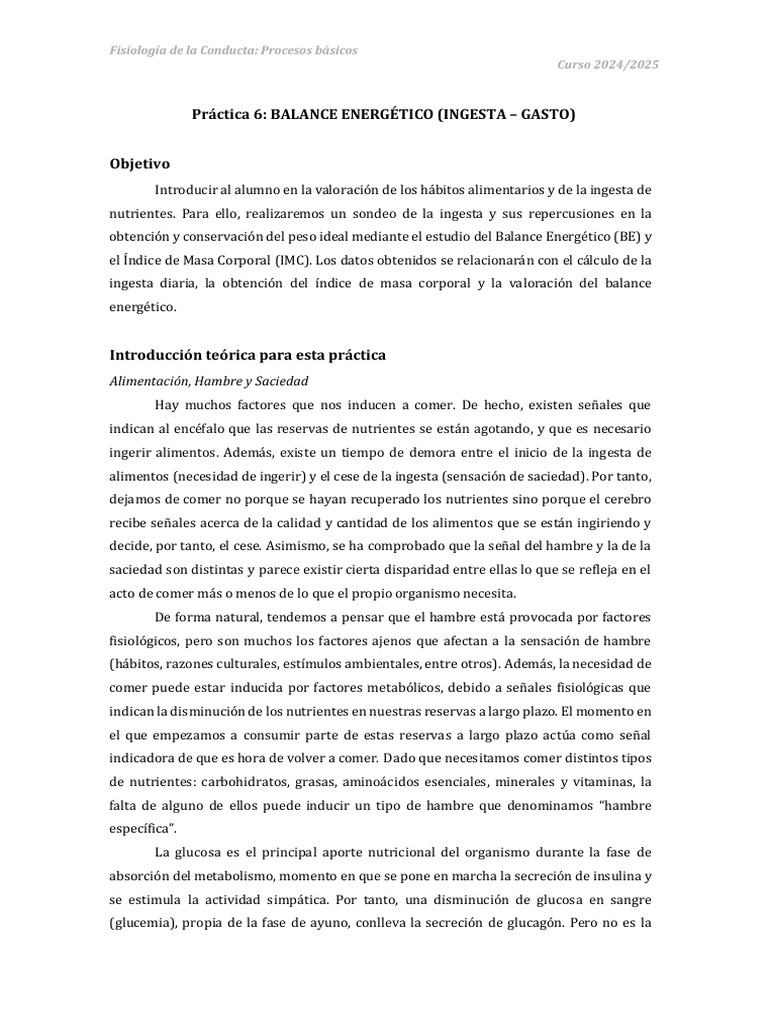 PR6 - Balance Energético Ingesta Gasto | PDF | Obesidad | Índice de masa corporal