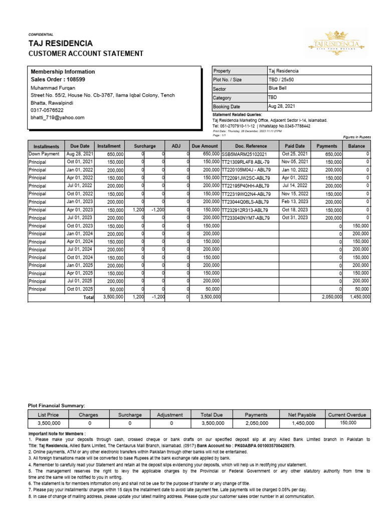 Customer Account Statement | PDF | Banks | Service Industries