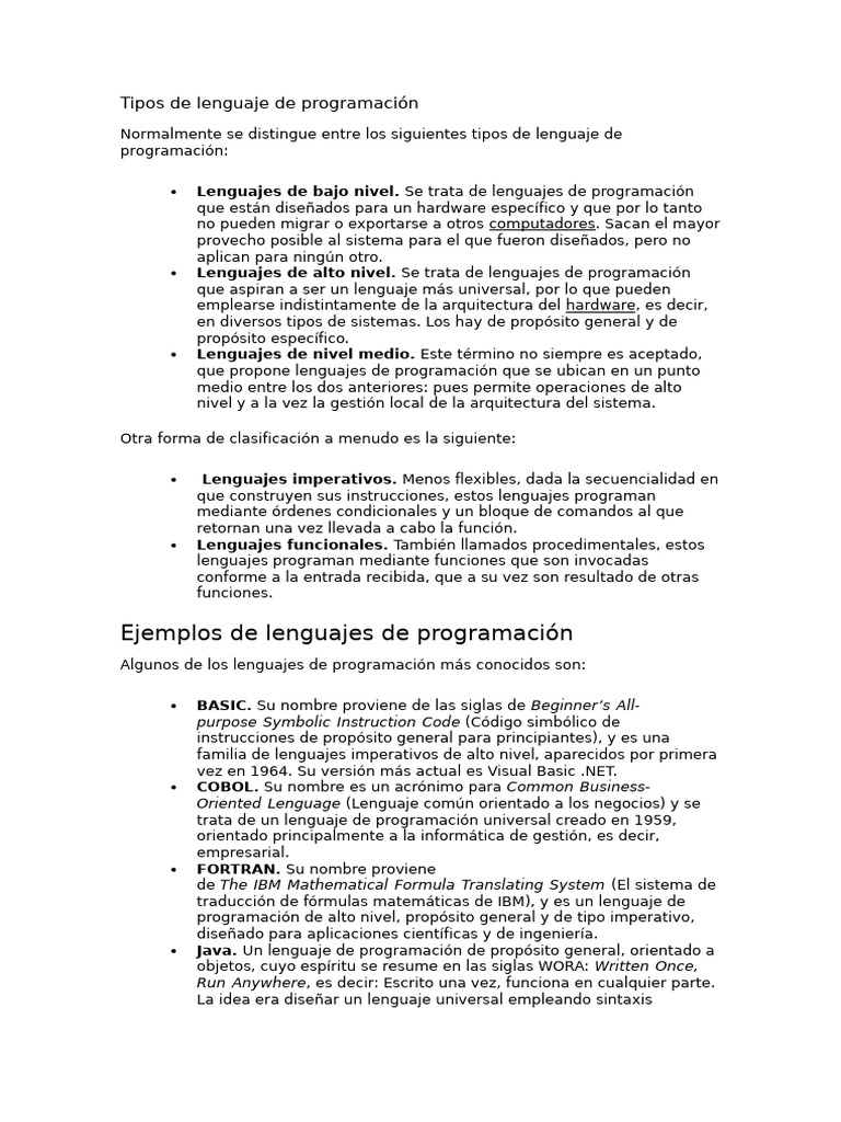 Tipos de Lenguaje de Programación | PDF | Lenguaje de programación ...