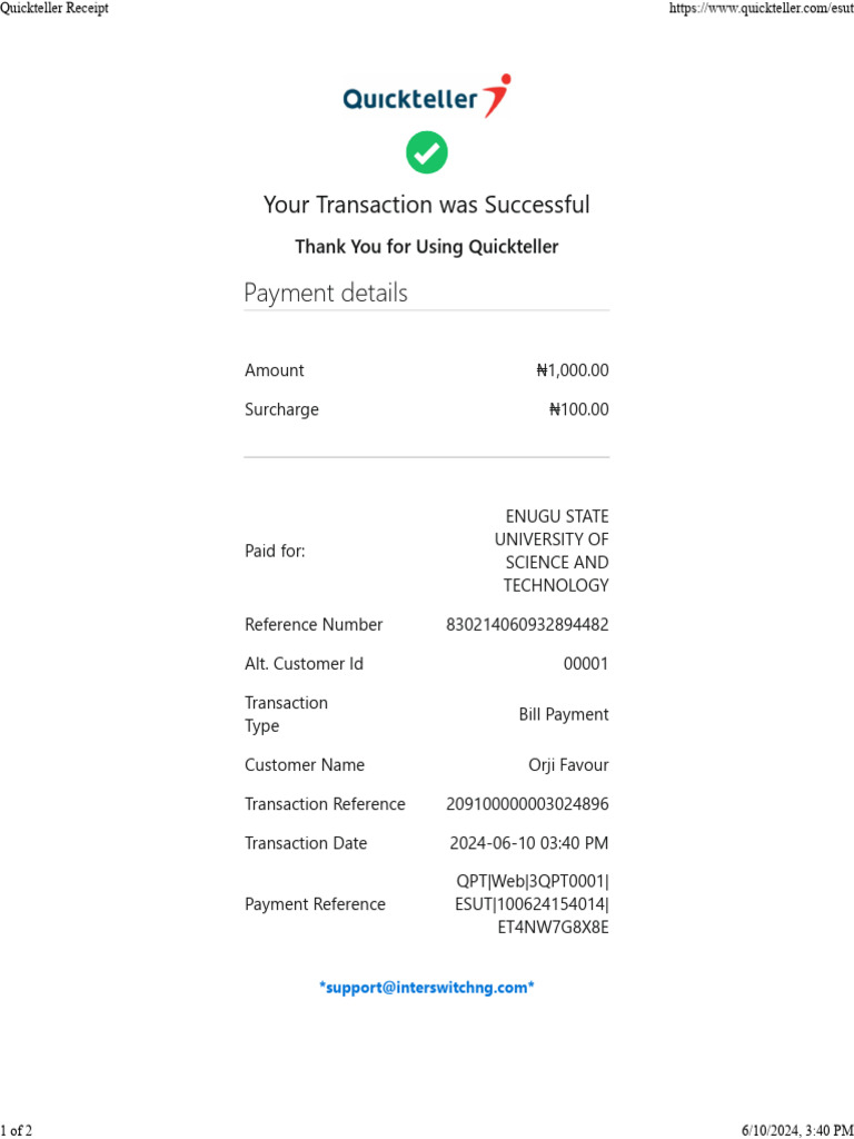 Quickteller Payment Receipt for ESUT | PDF