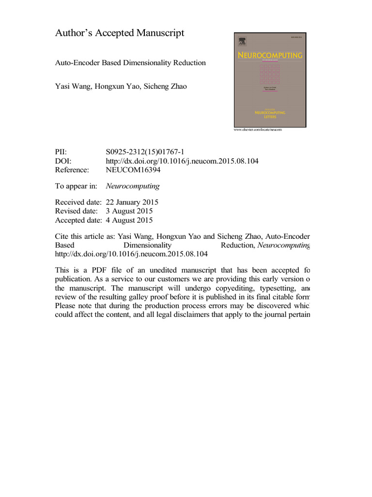 Auto-Encoder Based Dimensionality Reduction | PDF | Artificial Neural Network | Deep Learning