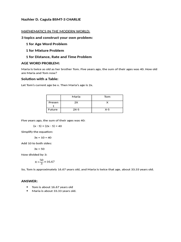 Solving: Age Word Problem/Mixture Problem and Distance, Rate and Time Problem. | PDF ...
