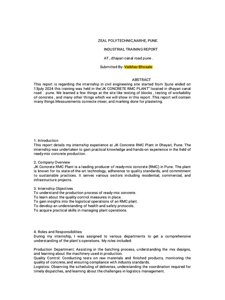 ITR TRAINING REPORT | PDF | Concrete | Density