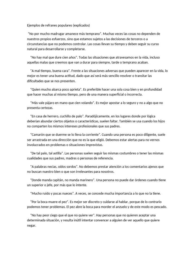 Ejemplos de refranes populares explicados | PDF | Relaciones personales ...