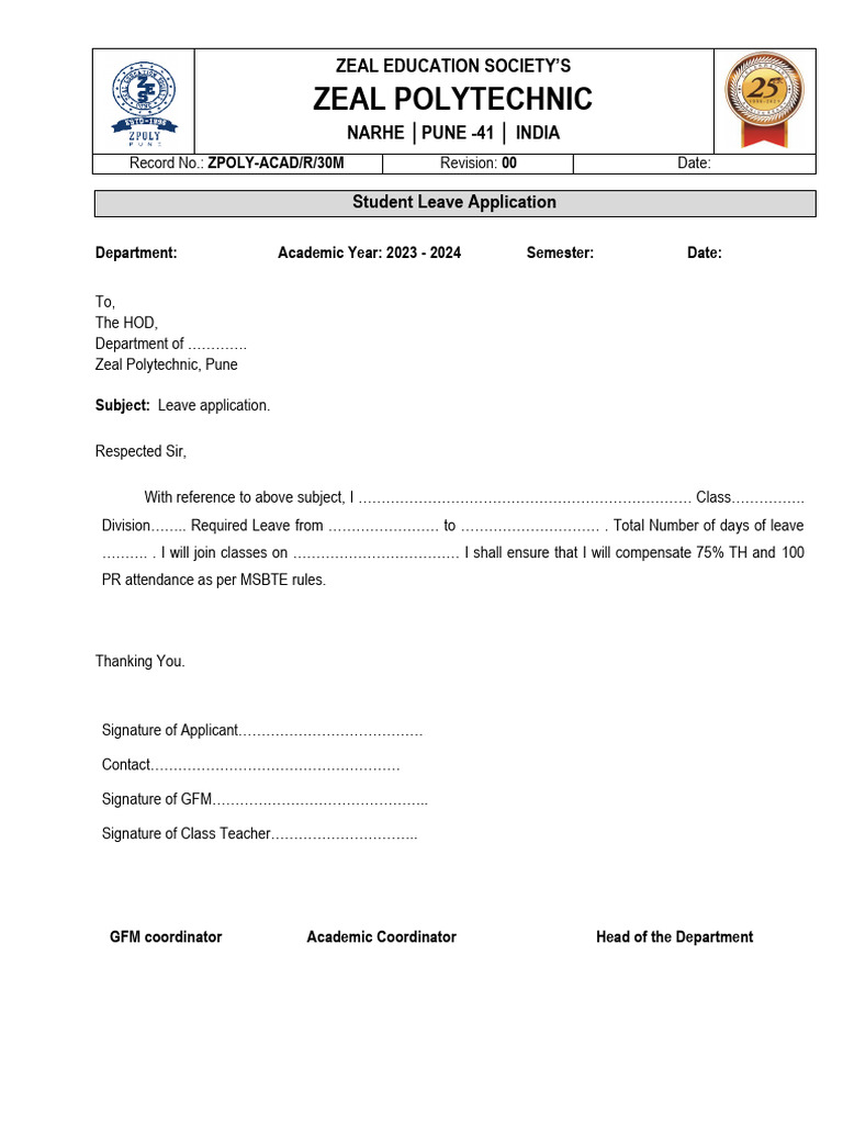 Student Leave Application Format | PDF