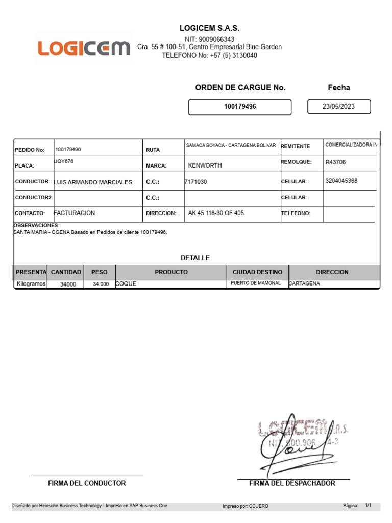Orden de Cargue Uqy676 - Cartagena | PDF