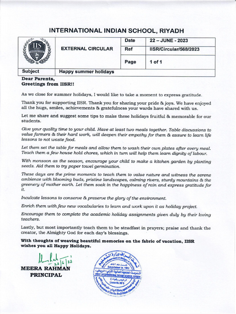 Circular - Happy Summer Holidays | PDF